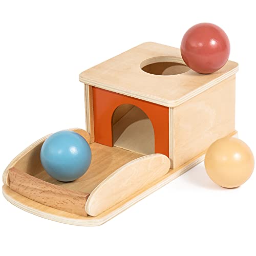 Zeoddler Object Permanence Box with Tray 3 Balls 50 mm, Montessori Toys for 1 Year Old, Wooden Toys for Toddlers, Preschool Learning Activities, Gift for Girls Boys