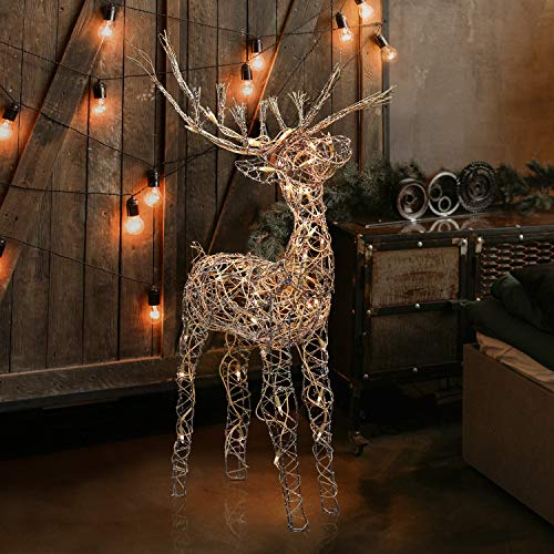 Alpine Corporation AUH164 Alpine Halogen Lights, Outdoor Plug-in Festive Holiday Décor for Yard and Garden Rattan Reindeer, Small, Brown