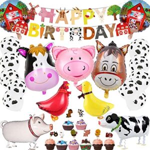 53pcs farm birthday party supplies for kids barnyard farm animal theme party decorations animal birthday banner farm animal walking balloons cow print balloons cupcake toppers set for boys girls