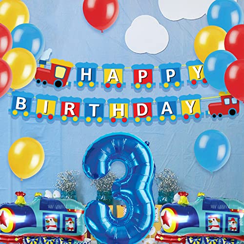 JOPARY Train 3rd Birthday Decorations Boys Train, 3 Years Old Birthday Party Supplies With Number 3 Foil Balloons Train Birthday Banner,Latex Balloons For Kids Train Birthday Party Decoration