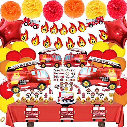 Fire Truck Theme Birthday Party Supplies Fireman Happy Birthday Banner Firefighter Cake Topper Balloon Sticker Decorations For Boys Birthday Party