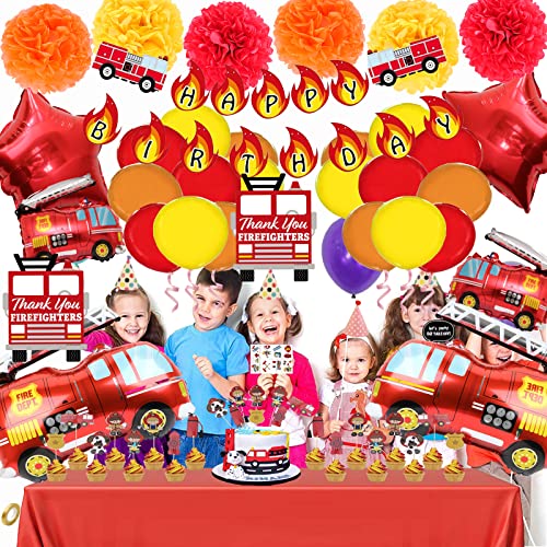 Fire Truck Theme Birthday Party Supplies Fireman Happy Birthday Banner Firefighter Cake Topper Balloon Sticker Decorations For Boys Birthday Party