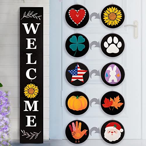 Perfnique Interchangeable Welcome Sign for Front Porch Standing, 47 x 7.9 Inch Black Wooden Leaner Sign with 10 Interchangeable Designed Icons(5 double sided disks), Modern Farmhouse Rustic Seasonal Decor for Summer American Y‘all Fall Christmas