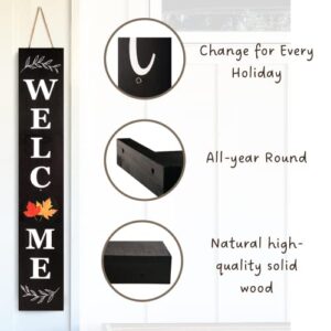 Perfnique Interchangeable Welcome Sign for Front Porch Standing, 47 x 7.9 Inch Black Wooden Leaner Sign with 10 Interchangeable Designed Icons(5 double sided disks), Modern Farmhouse Rustic Seasonal Decor for Summer American Y‘all Fall Christmas