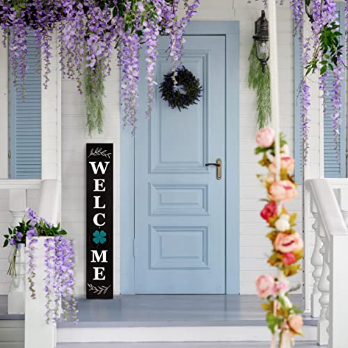 Perfnique Interchangeable Welcome Sign for Front Porch Standing, 47 x 7.9 Inch Black Wooden Leaner Sign with 10 Interchangeable Designed Icons(5 double sided disks), Modern Farmhouse Rustic Seasonal Decor for Summer American Y‘all Fall Christmas