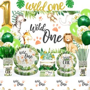 fvabo wild one birthday decorations - jungle theme party supplies tableware includes plates, cup, napkin, balloon, backdrop, tablecloth, straw, cutlery, banner, safari theme 1st birthday decorations