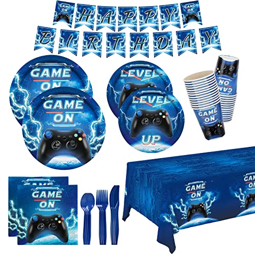 Video Game Party Supplies Kit Serve 25,Includes Dinner Plates,Dessert Plates,Napkins,Cups,Cutlery,Tablecloth,Banner for Gamer Birthday Party Decorations for Boys Adults.