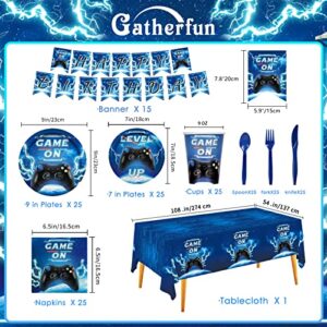 Video Game Party Supplies Kit Serve 25,Includes Dinner Plates,Dessert Plates,Napkins,Cups,Cutlery,Tablecloth,Banner for Gamer Birthday Party Decorations for Boys Adults.