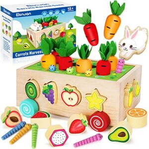 wooden montessori toys for 1 2 3 year old baby girls boys, wood shape sorter toys gifts for toddlers learning fine motor skills, carrot harvest game educational toys