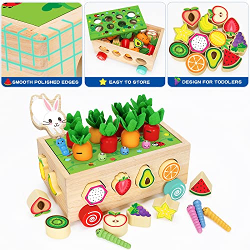 Wooden Montessori Toys for 1 2 3 Year Old Baby Girls Boys, Wood Shape Sorter Toys Gifts for Toddlers Learning Fine Motor Skills, Carrot Harvest Game Educational Toys