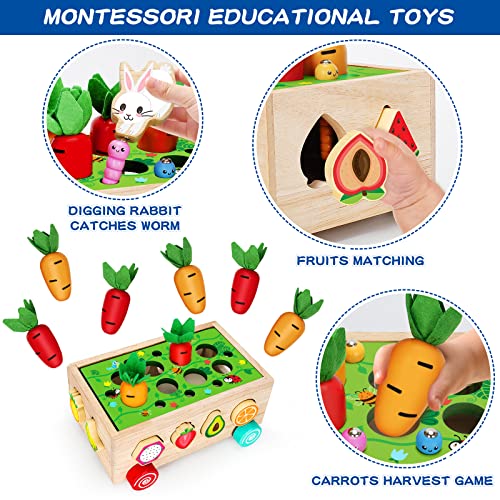 Wooden Montessori Toys for 1 2 3 Year Old Baby Girls Boys, Wood Shape Sorter Toys Gifts for Toddlers Learning Fine Motor Skills, Carrot Harvest Game Educational Toys