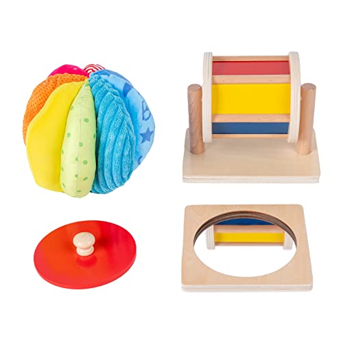 Montessori Baby Toys Play Kit Montessori Mirror Peekaboo Knob Puzzle, Medium Spinning Drum and Rainbow Fabric Ball Kit Toys for 6-12Months Toddlers (Play Kit 1)