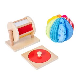 Montessori Baby Toys Play Kit Montessori Mirror Peekaboo Knob Puzzle, Medium Spinning Drum and Rainbow Fabric Ball Kit Toys for 6-12Months Toddlers (Play Kit 1)