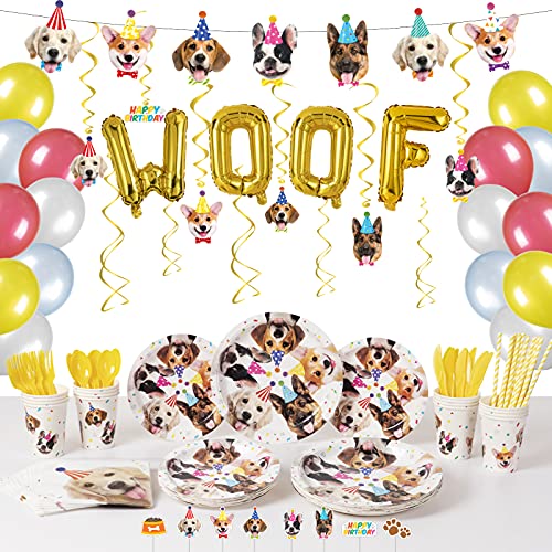 DECORLIFE Dog Party Decorations, Dog Themed Birthday Party Supplies Serves 16, Includes Paper Plates Set, Banner, Hanging Swirls, Total 178PCS, for Puppy Birthday Decorations