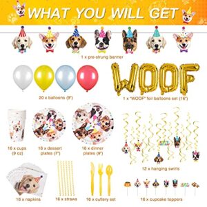 DECORLIFE Dog Party Decorations, Dog Themed Birthday Party Supplies Serves 16, Includes Paper Plates Set, Banner, Hanging Swirls, Total 178PCS, for Puppy Birthday Decorations