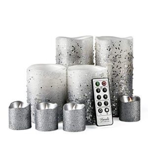 furora lighting led flameless candles with remote – battery-operated flameless candles bulk set of 8 fake candles – small flameless candles & christmas centerpieces for tables, silver glittery