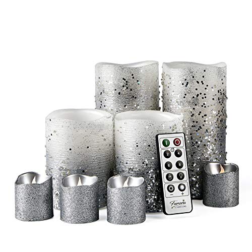 Furora LIGHTING LED Flameless Candles with Remote – Battery-Operated Flameless Candles Bulk Set of 8 Fake Candles – Small Flameless Candles & Christmas Centerpieces for Tables, Silver Glittery