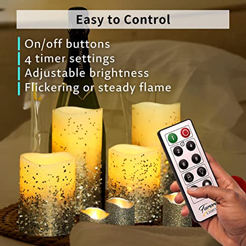 Furora LIGHTING LED Flameless Candles with Remote – Battery-Operated Flameless Candles Bulk Set of 8 Fake Candles – Small Flameless Candles & Christmas Centerpieces for Tables, Silver Glittery