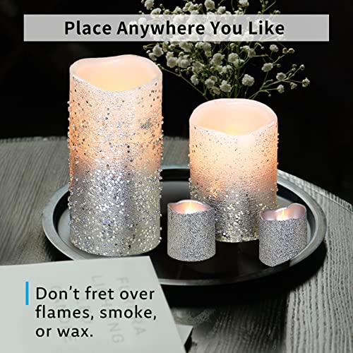 Furora LIGHTING LED Flameless Candles with Remote – Battery-Operated Flameless Candles Bulk Set of 8 Fake Candles – Small Flameless Candles & Christmas Centerpieces for Tables, Silver Glittery