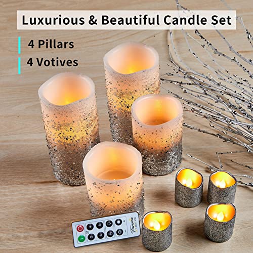 Furora LIGHTING LED Flameless Candles with Remote – Battery-Operated Flameless Candles Bulk Set of 8 Fake Candles – Small Flameless Candles & Christmas Centerpieces for Tables, Silver Glittery