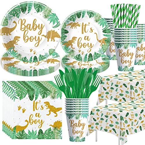 HIPVVILD Dinosaur Baby Shower Decorations for Boy - Jungle Safari Theme Baby Shower Party Supplies Include Plates, Cups, Napkins, Tablecloth, Straws, Cutlery, Dinosaur Baby Boy Decorations | Serve 24