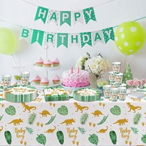 HIPVVILD Dinosaur Baby Shower Decorations for Boy - Jungle Safari Theme Baby Shower Party Supplies Include Plates, Cups, Napkins, Tablecloth, Straws, Cutlery, Dinosaur Baby Boy Decorations | Serve 24