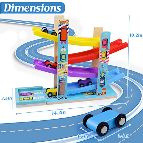 Montessori Toys for Toddlers, Children Race Track Toy with 4 Cars and 1 Wooden Parking Lot, Stable Base, Car Ramp Toy for 1 2 3 Year Old Boy Girl Gifts