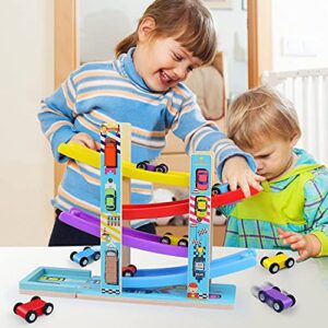 Montessori Toys for Toddlers, Children Race Track Toy with 4 Cars and 1 Wooden Parking Lot, Stable Base, Car Ramp Toy for 1 2 3 Year Old Boy Girl Gifts