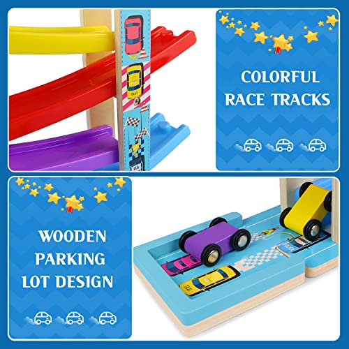 Montessori Toys for Toddlers, Children Race Track Toy with 4 Cars and 1 Wooden Parking Lot, Stable Base, Car Ramp Toy for 1 2 3 Year Old Boy Girl Gifts