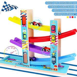 Montessori Toys for Toddlers, Children Race Track Toy with 4 Cars and 1 Wooden Parking Lot, Stable Base, Car Ramp Toy for 1 2 3 Year Old Boy Girl Gifts