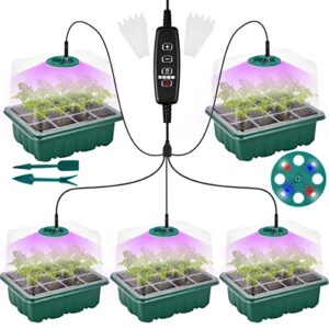 seed starter tray kit with grow light(2023 upgrade 8 full-spectrum led, timer, dimming, higher humidity dome) 5 pack seedling sprouting trays indoor gardening gifts supplies greenhouse germination kit