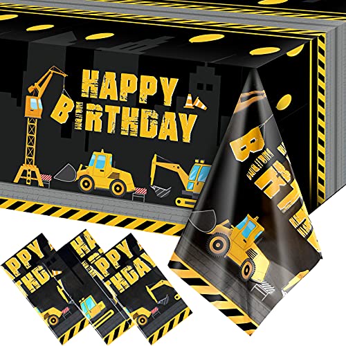 Construction Happy Birthday Tablecloth Dump Truck Birthday Table Covers Tractor Plastic Printed Tablecloth Construction Themed Birthday Party Decoration Supplies for Kid Boy (Black, 3 Sheets)