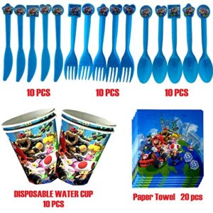 Super Mario Party Favor Party Decorations, Super Mario party Themed Flatware, Banner, Balloons, Plates, Spoons, Fork, knives, Napkins, Cake Toppers, Paper cups, Straws, Tablecloth Party Supplies Kids Boys and Baby Shower Themed Birthday Party Supplies, Su