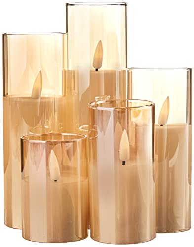 Eywamage Slim Gold Glass Flameless Candles Batteries Included, Flickering LED Pillar Candles with Remote Christmas Wedding Home Decor, D 2" H 3" 4" 5" 6" 7"