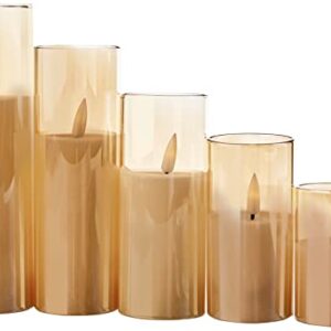 Eywamage Slim Gold Glass Flameless Candles Batteries Included, Flickering LED Pillar Candles with Remote Christmas Wedding Home Decor, D 2" H 3" 4" 5" 6" 7"