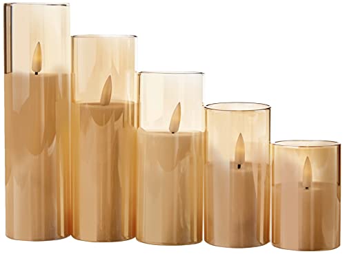 Eywamage Slim Gold Glass Flameless Candles Batteries Included, Flickering LED Pillar Candles with Remote Christmas Wedding Home Decor, D 2" H 3" 4" 5" 6" 7"