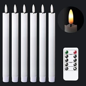 genswin flameless white taper candles flickering with 10-key remote, battery operated led warm 3d wick light window candles real wax pack of 6, christmas home wedding decor(0.78 x 9.64 inch)