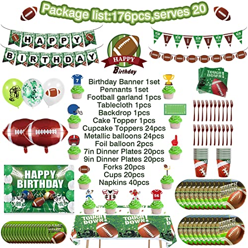 176pcs Football Birthday Party Decorations Includ Birthday Banner, Football Garland,Tablecloth, Football Backdrop, Football Foil Balloon, Tableware ect Boys Sports Theme & Superbowl Party Supplies