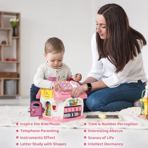 Marstone Baby Girl Toys for 1 2 3+ Years, Montessori Toddlers Toys with Sound/Lights/Music/Clock/Telephone/Car 6 in 1 Multi-Functional House, Early Educational Musical Toy Gift for Girl and Boy