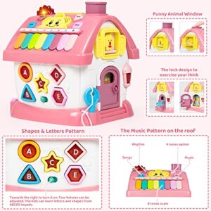 Marstone Baby Girl Toys for 1 2 3+ Years, Montessori Toddlers Toys with Sound/Lights/Music/Clock/Telephone/Car 6 in 1 Multi-Functional House, Early Educational Musical Toy Gift for Girl and Boy