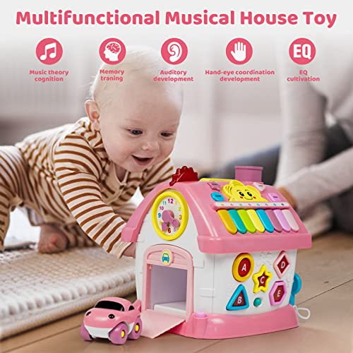 Marstone Baby Girl Toys for 1 2 3+ Years, Montessori Toddlers Toys with Sound/Lights/Music/Clock/Telephone/Car 6 in 1 Multi-Functional House, Early Educational Musical Toy Gift for Girl and Boy