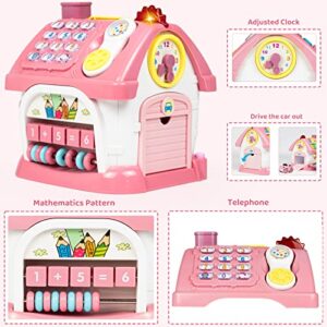 Marstone Baby Girl Toys for 1 2 3+ Years, Montessori Toddlers Toys with Sound/Lights/Music/Clock/Telephone/Car 6 in 1 Multi-Functional House, Early Educational Musical Toy Gift for Girl and Boy