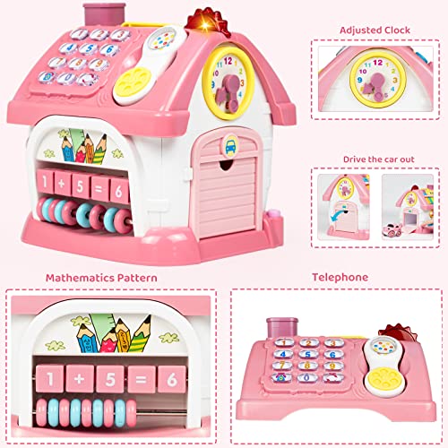 Marstone Baby Girl Toys for 1 2 3+ Years, Montessori Toddlers Toys with Sound/Lights/Music/Clock/Telephone/Car 6 in 1 Multi-Functional House, Early Educational Musical Toy Gift for Girl and Boy