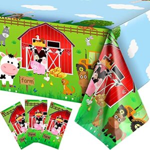 3 pieces farm animals party tablecloth farmhouse disposable plastic table cover barnyard farm animal theme party decorations for picnics baby shower boys girls birthday party supplies, 108 x 54 inch