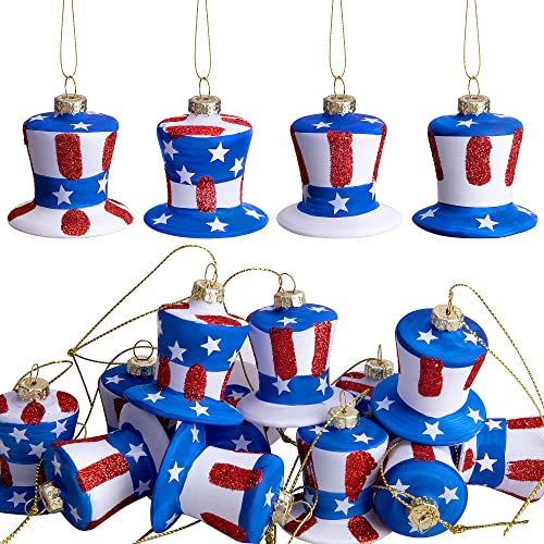 12Pcs Patriotic Glass Hat Ornament, July 4th Uncle Sam American Hat Ornament, Red White Blue Memorial Veterans Day Hanging Hat for Independence Day Party Decor (American)