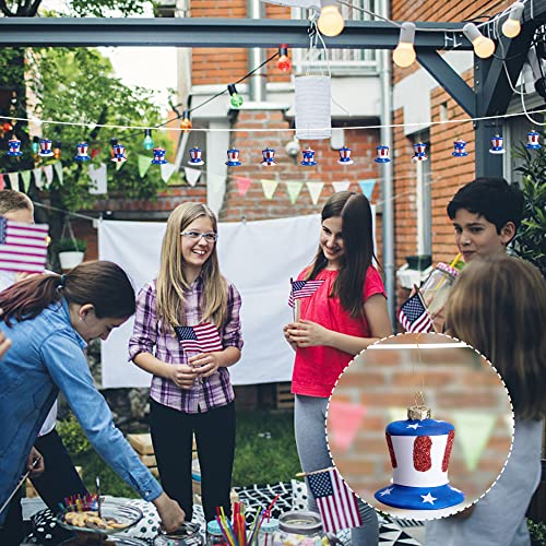 12Pcs Patriotic Glass Hat Ornament, July 4th Uncle Sam American Hat Ornament, Red White Blue Memorial Veterans Day Hanging Hat for Independence Day Party Decor (American)