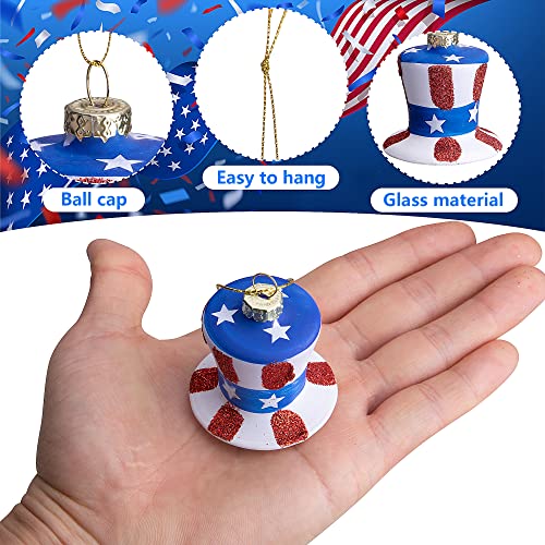 12Pcs Patriotic Glass Hat Ornament, July 4th Uncle Sam American Hat Ornament, Red White Blue Memorial Veterans Day Hanging Hat for Independence Day Party Decor (American)