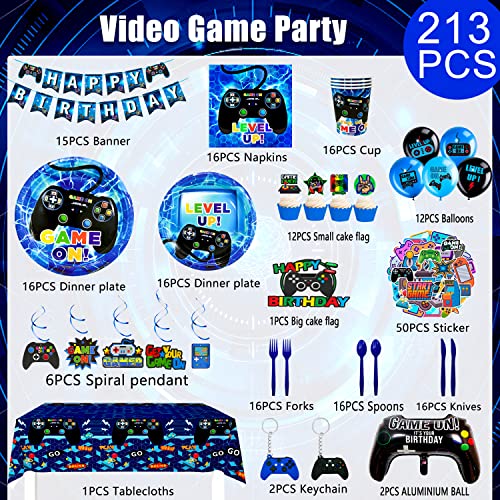 213pcs Video Gamer Birthday Party Decorations & Video Game Party Tableware Supplies Set - Video Game Party Plates Cups Napkins Tablecloth Banner Balloons etc Game Themed Party Decorations for Boys