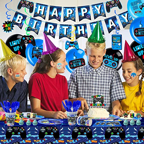 213pcs Video Gamer Birthday Party Decorations & Video Game Party Tableware Supplies Set - Video Game Party Plates Cups Napkins Tablecloth Banner Balloons etc Game Themed Party Decorations for Boys