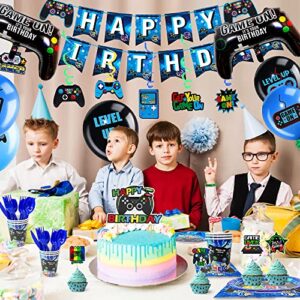 213pcs Video Gamer Birthday Party Decorations & Video Game Party Tableware Supplies Set - Video Game Party Plates Cups Napkins Tablecloth Banner Balloons etc Game Themed Party Decorations for Boys